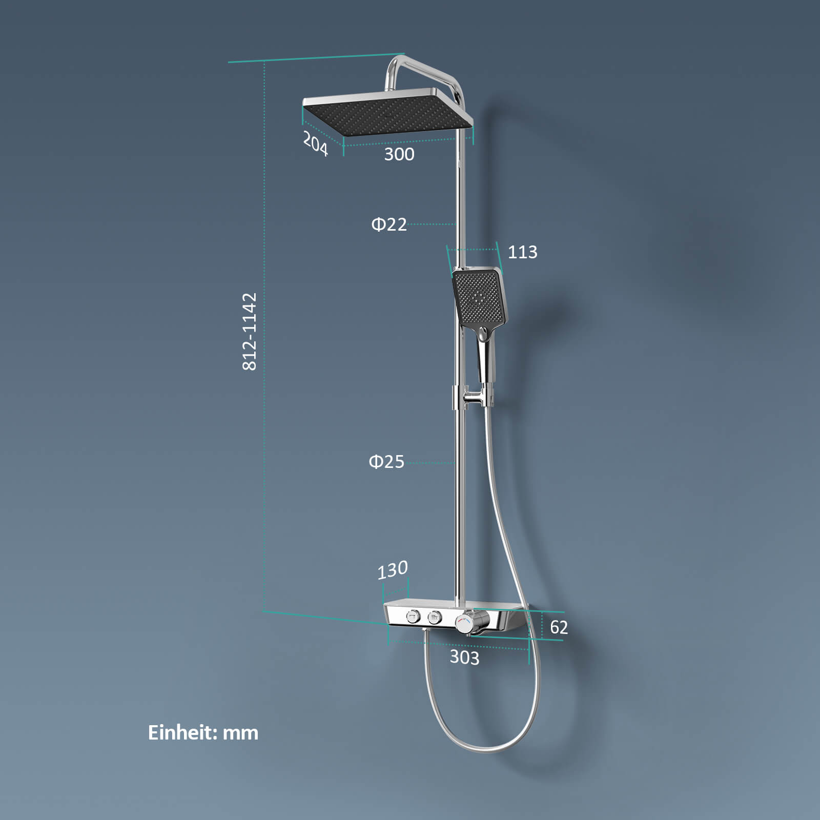 Duschsystem mit Thermostatbatterie (chrom/Anthrazit Matt) | EMKE.DE